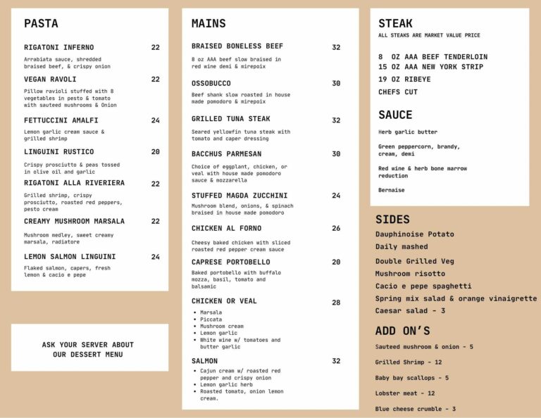 Dinner Menu | Bacchus Ristorante